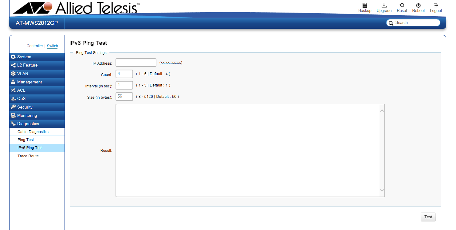 AT-MWS-GPシリーズ リファレンスマニュアル: リファレンス編 / スイッチ / Diagnostics / IPv6 Ping Test
